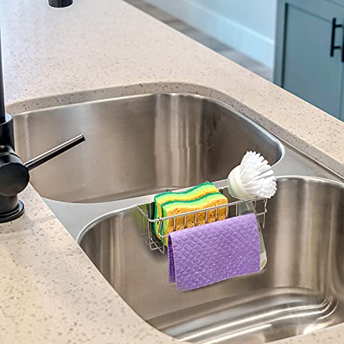 3-in-1 Sponge Holder for Kitchen Sink, Movable Sponge Holder + Brush Holder + Dish Cloth Hanger, Hanging Sink Caddy, Small in Sink Organizer Accessories Rack Basket, 304 Stainless Steel, Never Rust