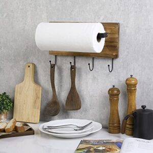 MyGift Wall Mounted Rustic Solid Burnt Wood and Black Metal Paper Towel Rack with Utensil Holder Hanging Hooks, 4-Hook Cooking Tools Hanger and Open End Bar for Easy Roll Refill