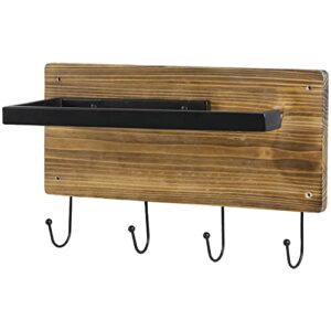 MyGift Wall Mounted Rustic Solid Burnt Wood and Black Metal Paper Towel Rack with Utensil Holder Hanging Hooks, 4-Hook Cooking Tools Hanger and Open End Bar for Easy Roll Refill