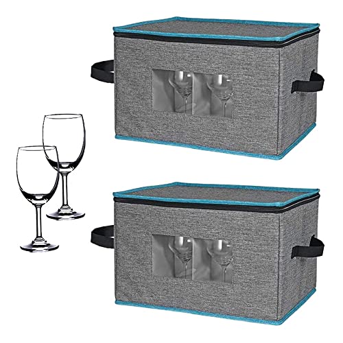 WEJIPP Wine Glass Storage Box with lid,Stemware China Storage Cases Containers Glassware Storage Containers Sets with Dividers and Handles,2 Pack