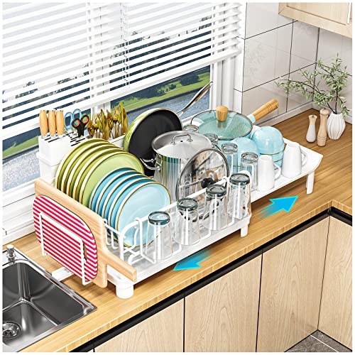 Gsiekare Large Dish Drying Rack, Expandable Dish Rack Kitchen Sink Organizer, Dish Drainer with Cutlery & Cup Holders for Kitchen Organization, Anti-Rust Drying Rack for Kitchen Counter White