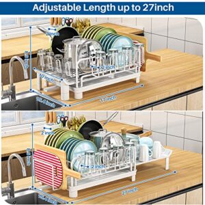 Gsiekare Large Dish Drying Rack, Expandable Dish Rack Kitchen Sink Organizer, Dish Drainer with Cutlery & Cup Holders for Kitchen Organization, Anti-Rust Drying Rack for Kitchen Counter White