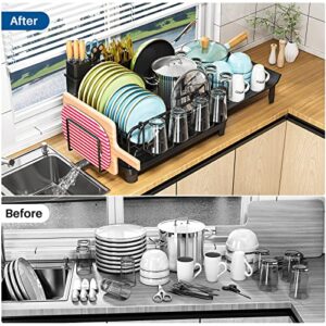 Gsiekare Large Dish Drying Rack, Expandable Dish Rack Kitchen Sink Organizer, Dish Drainer with Cutlery & Cup Holders for Kitchen Organization, Anti-Rust Drying Rack for Kitchen Counter White