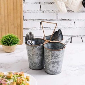 mygift galvanized metal utensil holder caddy with 3 compartments, copper rim and handle, countertop cutlery storage, flatware organizer holds forks, knives, spoons – handcrafted in india