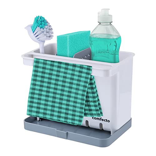 Kitchen Sink Caddy Dish Brush Sponge Holder with Divider and Removable Drain Pan for Brushes Dishcloth Scrubber Accessories, Dishes Caddies Organizer Storage with Drainer Drip Tray for Countertop