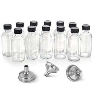 12 pack, 2 oz small clear glass bottles with lids & 3 stainless steel funnels – 60ml boston round sample bottles for potion, juice, ginger shots, oils, whiskey, liquids – mini travel bottles, no leakage