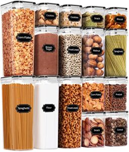 praki airtight food storage container set, 16 pcs bpa free plastic dry food canisters for kitchen pantry organization and storage ideal for cereal, flour & sugar – labels, marker(black)