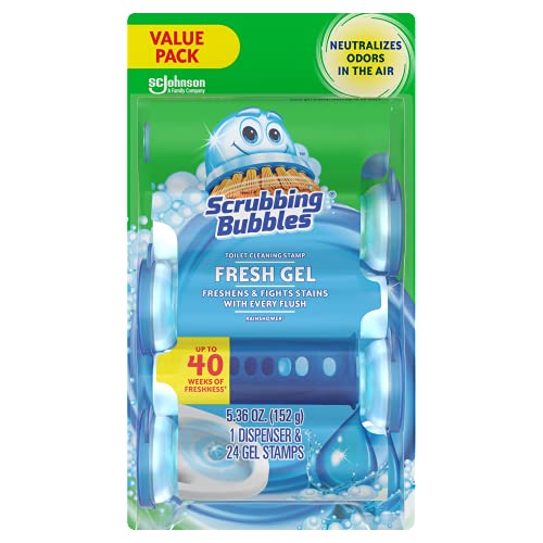 Scrubbing Bubbles Fresh Gel Toilet Cleaning Stamp, Rainshower, Dispenser with 24 Gel Stamps, 5.36 oz