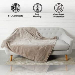 Tefici Electric Heated Blanket Throw, Super Cozy Soft Flannel 50" x 60" Heated Throw with 3 Fast Heating Levels & 4 Hours Auto Off, Machine Washable, ETL&FCC Certification, Home Office Use, Camel