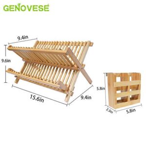 GENOVESE Bamboo Dish Drying Rack with Utensil Flatware Holder, 2-Tier Folding and Compact Drainer Kitchen(1 Utensil Holder) 18 Slots