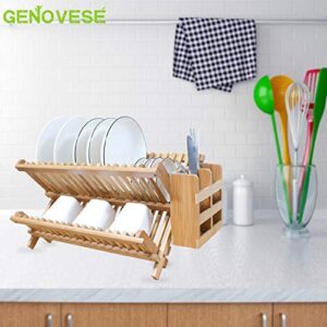 GENOVESE Bamboo Dish Drying Rack with Utensil Flatware Holder, 2-Tier Folding and Compact Drainer Kitchen(1 Utensil Holder) 18 Slots