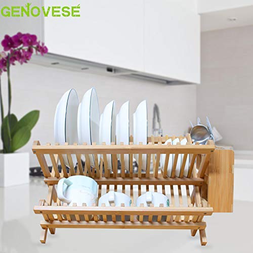 GENOVESE Bamboo Dish Drying Rack with Utensil Flatware Holder, 2-Tier Folding and Compact Drainer Kitchen(1 Utensil Holder) 18 Slots