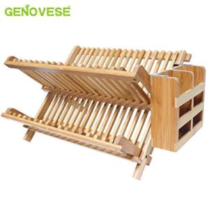 GENOVESE Bamboo Dish Drying Rack with Utensil Flatware Holder, 2-Tier Folding and Compact Drainer Kitchen(1 Utensil Holder) 18 Slots