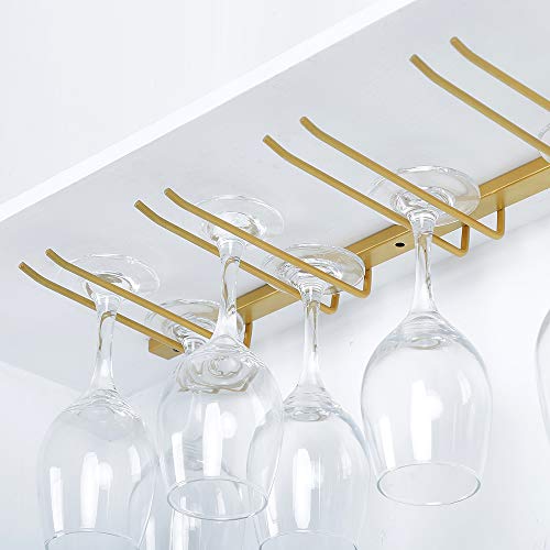 Under Cabinet Wine Glass Rack,Stemware Rack Holds up to 8 Wine Glass,Hanging Wine Glass Holder,Metal Wine Glass Hanger,Glasses Organizer for Home Bar Kitchen(Gold)