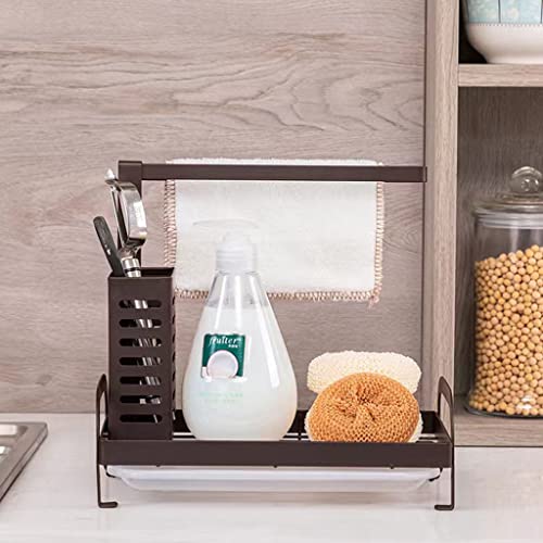 LUVADU ZCX Sink Organizer Sponge Holder with Drain Pan Stainless Steel Countertop Organiser Towel Rack,245 * 145 * 225MM Soap Dispenser Organizer