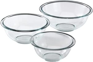 pyrex smart essentials 3-piece prepware mixing bowl set, 1-qt, 1.5-qt ,and 2.5-qt glass mixing bowls, dishwasher, microwave and freezer safe