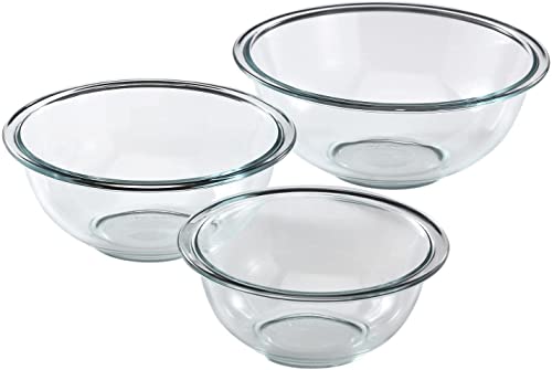 Pyrex Smart Essentials 3-Piece Prepware Mixing Bowl Set, 1-Qt, 1.5-Qt ,and 2.5-Qt Glass Mixing Bowls, Dishwasher, Microwave and Freezer Safe