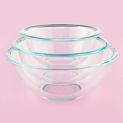 Pyrex Smart Essentials 3-Piece Prepware Mixing Bowl Set, 1-Qt, 1.5-Qt ,and 2.5-Qt Glass Mixing Bowls, Dishwasher, Microwave and Freezer Safe