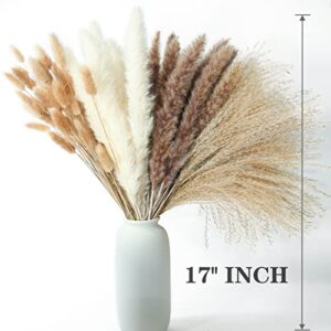 Dried Pampas Grass Decor, 100 PCS Pampas Grass Contains Bunny Tails Dried Flowers, Reed Grass Bouquet for Wedding Boho Flowers Home Table Decor, Rustic Farmhouse Party (White and Brown)