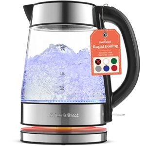 speed-boil water electric kettle, 1.7l 1500w, coffee & tea kettle borosilicate glass, wide opening, auto shut-off, cool touch handle, led light. 360° rotation, boil dry protection