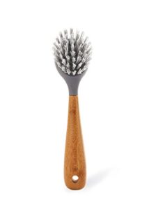 full circle tenacious c cast iron brush and scraper with bamboo handle – skillet scrubber with tough nylon bristles, grey, one size, gray