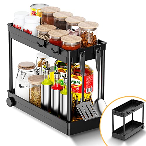 2- Tier Shelf Under Sink Organizer, Roll Out Under Sink Storage with 4 Hooks & 4 Anti-Slip Pads, Easy to Assemble, Suitable for Kitchen, Bathroom and Laundry (1 Pack, Black)