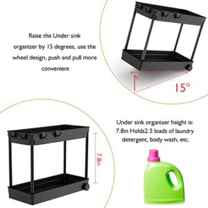 2- Tier Shelf Under Sink Organizer, Roll Out Under Sink Storage with 4 Hooks & 4 Anti-Slip Pads, Easy to Assemble, Suitable for Kitchen, Bathroom and Laundry (1 Pack, Black)