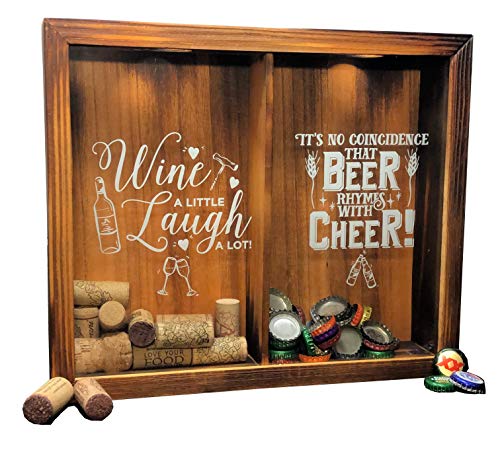 Wine Cork & Beer Cap Holder Shadow Box, Wall Mounted or Free Standing, Wine & Bar Decor for Him & Her, Rustic Stained Wood, 11" x 13"