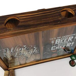 Wine Cork & Beer Cap Holder Shadow Box, Wall Mounted or Free Standing, Wine & Bar Decor for Him & Her, Rustic Stained Wood, 11" x 13"