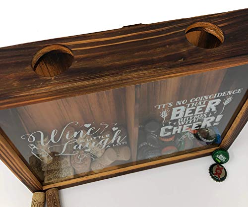 Wine Cork & Beer Cap Holder Shadow Box, Wall Mounted or Free Standing, Wine & Bar Decor for Him & Her, Rustic Stained Wood, 11" x 13"