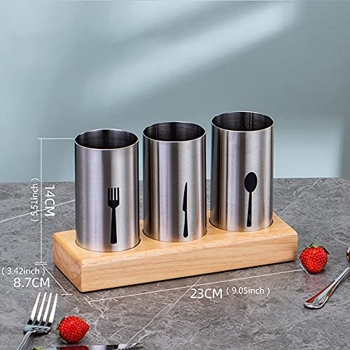 FEAWUS Small Silverware Holder Flatware Caddy Countertop Utensil Holder Caddy Stainless Steel with Wood Base for Parties