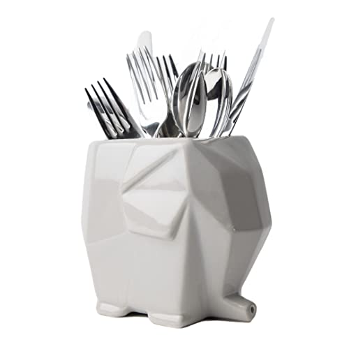 Novelty "Elephant" Cutlery Holder & Drainer for your Kitchen Sink - Multifunctional & Decorative Silverware Organizer, Utensil Caddy or Toothbrush Holder Made of Premium Ceramic - Grey