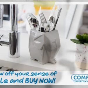 Novelty "Elephant" Cutlery Holder & Drainer for your Kitchen Sink - Multifunctional & Decorative Silverware Organizer, Utensil Caddy or Toothbrush Holder Made of Premium Ceramic - Grey