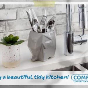 Novelty "Elephant" Cutlery Holder & Drainer for your Kitchen Sink - Multifunctional & Decorative Silverware Organizer, Utensil Caddy or Toothbrush Holder Made of Premium Ceramic - Grey