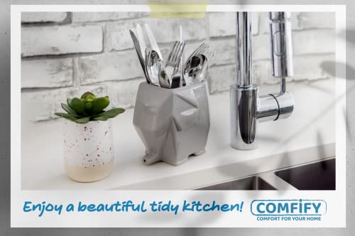 Novelty "Elephant" Cutlery Holder & Drainer for your Kitchen Sink - Multifunctional & Decorative Silverware Organizer, Utensil Caddy or Toothbrush Holder Made of Premium Ceramic - Grey