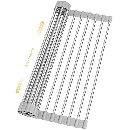 Roll Up Dish Drying Rack Expandable, Foldable Drying Rack Over The Sink for Kitchen, Silicone and Stainless Steel Dish Rack, Adjustable Dish Drainer for Kitchen Counter (19.68" x 12.91")