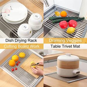 Roll Up Dish Drying Rack Expandable, Foldable Drying Rack Over The Sink for Kitchen, Silicone and Stainless Steel Dish Rack, Adjustable Dish Drainer for Kitchen Counter (19.68" x 12.91")