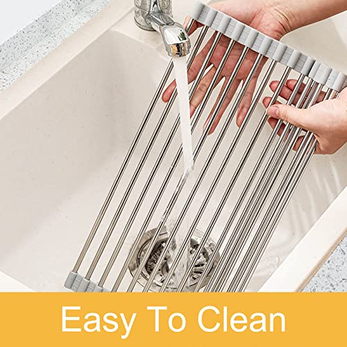 Roll Up Dish Drying Rack Expandable, Foldable Drying Rack Over The Sink for Kitchen, Silicone and Stainless Steel Dish Rack, Adjustable Dish Drainer for Kitchen Counter (19.68" x 12.91")