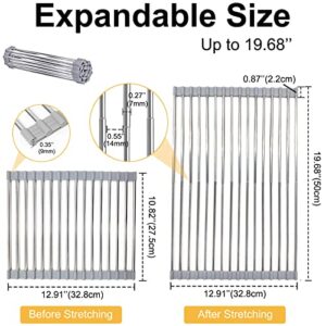 Roll Up Dish Drying Rack Expandable, Foldable Drying Rack Over The Sink for Kitchen, Silicone and Stainless Steel Dish Rack, Adjustable Dish Drainer for Kitchen Counter (19.68" x 12.91")