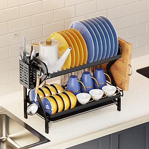 LIMORUNS Dishracks On Counter with Drainboard 2 Tier Set of Dish Drying Rack with Drainboard Utensils & Cutting Board Holder, Rustproof Large Black Dish Holders for Kitchen Counter