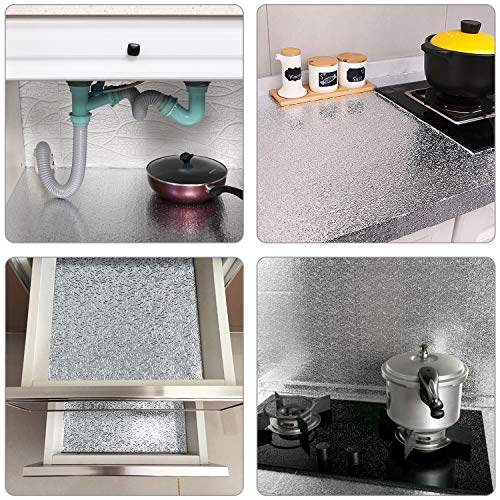 15-3/4" X 590" Aluminum Foil Kitchen Backsplash Sticks Wallpaper, Waterproof Self Adhesive Wallpaper for Kitchen, Oil-Proof Kitchen Contact Paper for Shelf Liner Countertop Cabinets(Silver)