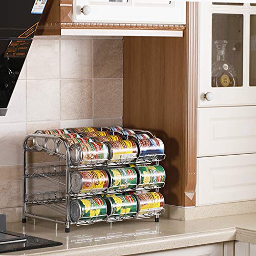 FlagShip Pantry Food Can Rack Organizer, 3-Tier Stackable Soup Vegetable Canned Food Dispenser Organizers Storage, Pantry Can Food Holders Metal (36 Cans Chrome)