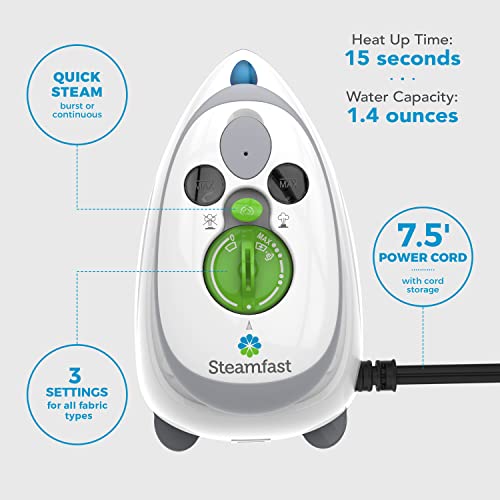 Steamfast SF-717 Mini Steam Iron with Dual Voltage, Travel Bag, Non-Stick Soleplate, Anti-Slip Handle, Rapid Heating, 420W Power, White