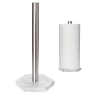 marble paper towel holder stand – modern paper towel holder dispenser with hexagonal heavy marble base, easy assembly- paper towel holder marble with anti-slip pads – standing paper towel roll holder