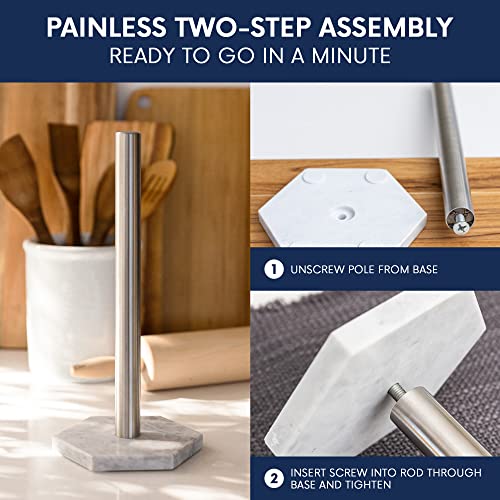 Marble Paper Towel Holder Stand - Modern Paper Towel Holder Dispenser with Hexagonal Heavy Marble Base, Easy Assembly- Paper Towel Holder Marble with Anti-Slip Pads - Standing Paper Towel Roll Holder