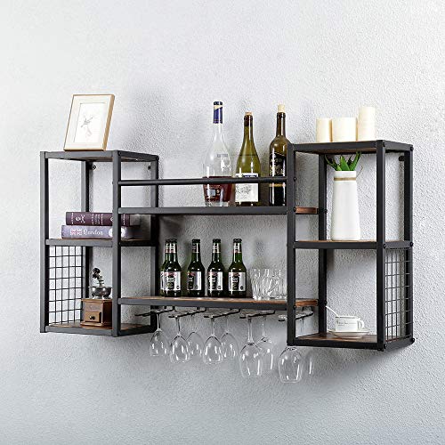 Industrial Hanging Wine Rack Wall Mounted with 5 Stem Glass Holder,47.2in Rustic Wine Glass Rack Wall Mount,Wine Glass Shelf Metal Floating Bar Shelves,Wine Bottle Holder Wall Shelf Wood Shelves