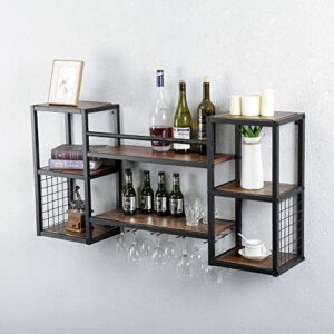 Industrial Hanging Wine Rack Wall Mounted with 5 Stem Glass Holder,47.2in Rustic Wine Glass Rack Wall Mount,Wine Glass Shelf Metal Floating Bar Shelves,Wine Bottle Holder Wall Shelf Wood Shelves