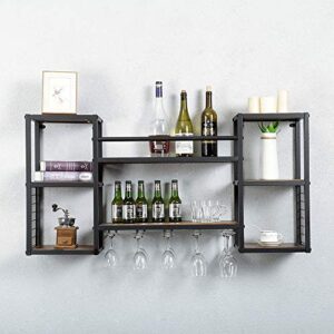 Industrial Hanging Wine Rack Wall Mounted with 5 Stem Glass Holder,47.2in Rustic Wine Glass Rack Wall Mount,Wine Glass Shelf Metal Floating Bar Shelves,Wine Bottle Holder Wall Shelf Wood Shelves