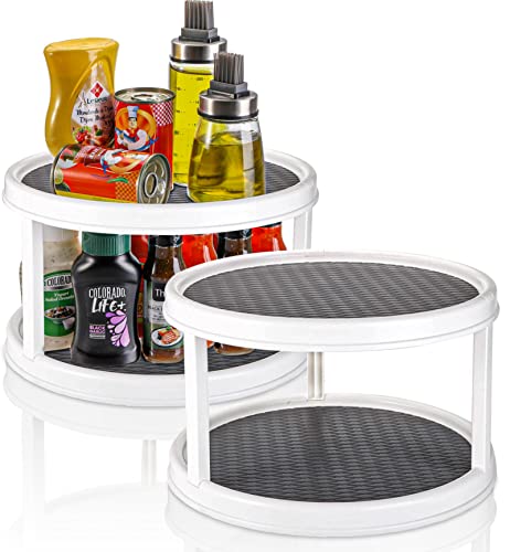 Yesland 2 Pcs 2-Tier Lazy Susan Turntable, 12 Inches Non-Skid Tiered Rotating Kitchen Spice Organizer for Cabinets Pantry Bathroom Countertop Refrigerator(Gray and White)