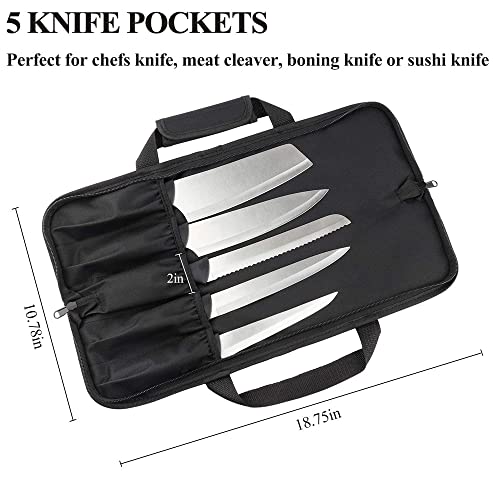 HUHAOLIANHE Professional Nylon Kitchen knife Bag (5 Pockets) Storage Carrying Pouch Red Portable Chef Knife Roll Case